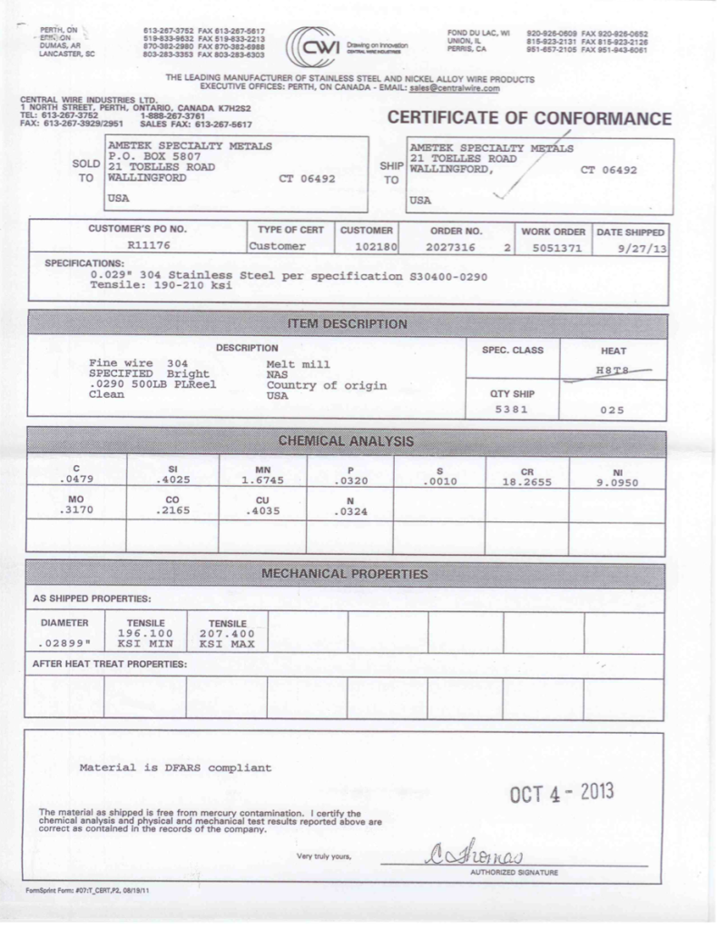 CertificateOfConformance - Helical Wire Inc